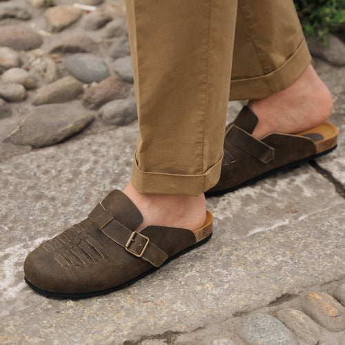 Velasca | Olive green handmade men’s suede sabot mules