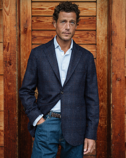 Men's single-breasted blue jacket, virgin wool & silk | Velasca